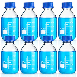 Irenare 8 Pieces Media Storage Bottles Borosilicate Storage Glass Bottle Scientific Round Graduated Media Bottle with Blue GL45 Screw Cap for Lab Water Reagent Liquids (500 ml)