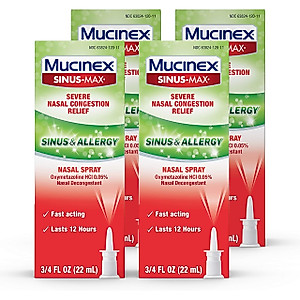 Mucinex Sinus-Max Nasal Spray for Sinus & Allergy, Fast-Acting & Fragrance Free, 12 Hour Severe Nasal Congestion Relief, 0.75 Fl Oz (Pack of 4)