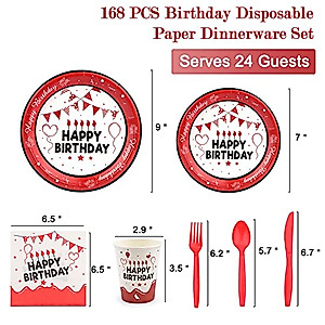 Red Plates and Napkins Set Birthday Decorations for Men Women Paper Plates Napkins Cups Plastic Knives Forks Spoons Party Tableware Set for Boys Girls Serves 24 Disposable Dinnerware Party Supplies