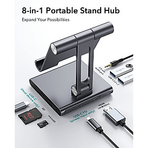 ESR 8-in-1 Portable Stand Hub, USB C Hub with Adjustable Stand, 100W PD Charging, 2 USB 3.0 Ports, 4K HDMI, 3.5-mm Jack, SD/microSD Card Slots, Compatible with iPad 10, iPad Pro, and Other USB-C iPads