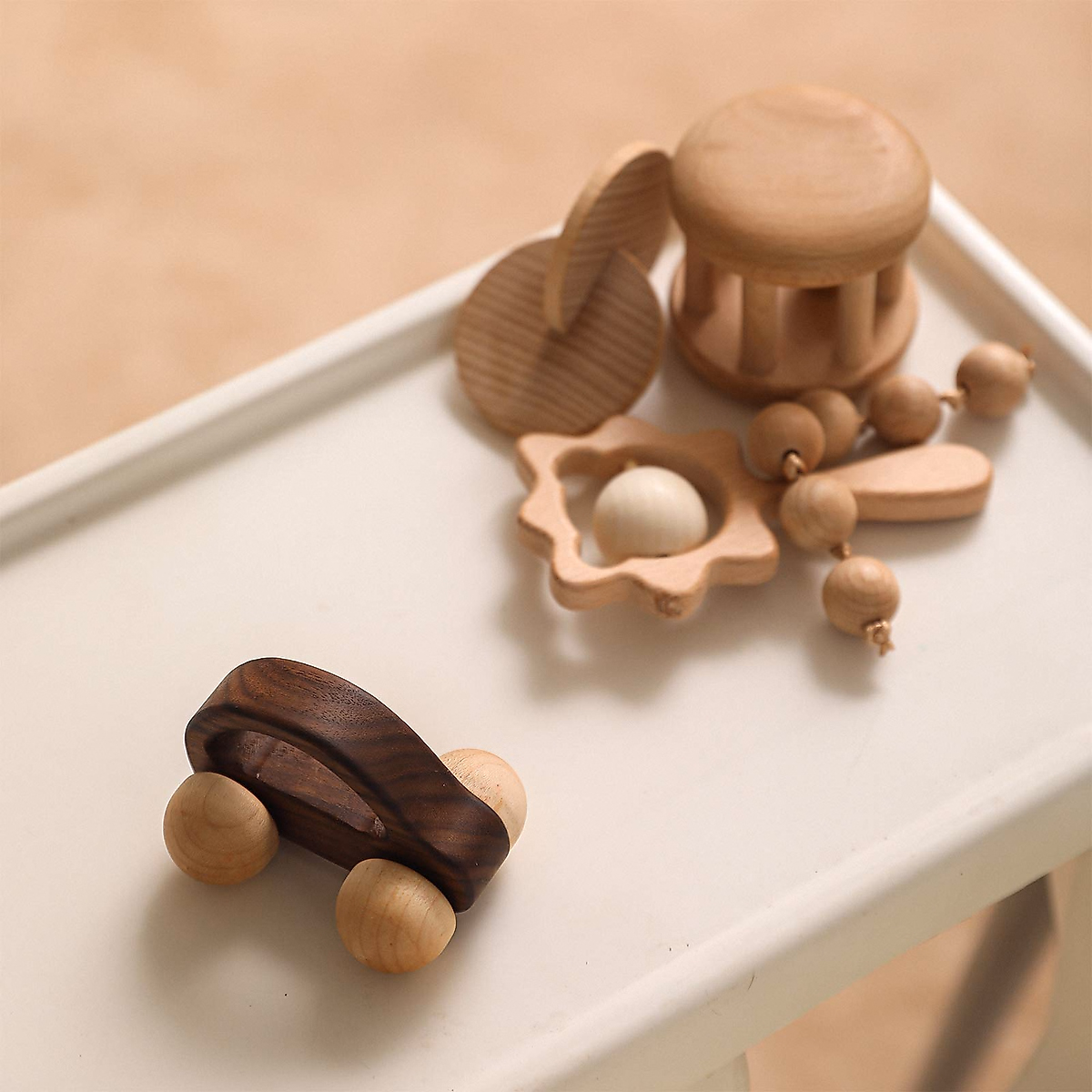 Wooden Baby Toys for Babies 0-6 Mounths, Wooden Rattles Grasping Toys Set, Montessori Wood Baby Push Car and Handbells，Interlocking Dics Toys, Wooden Toy for Newborn Infant Baby Gifts, 5 PCS