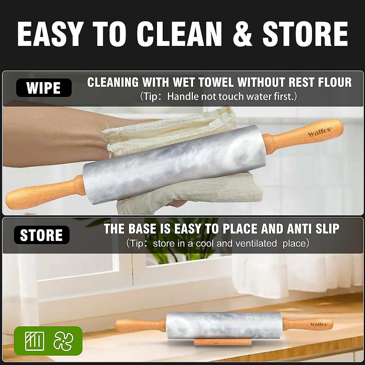 Walfos Marble Rolling Pin With Wooden Handles & Wood Cradle, 16.5 Inch Marble Rolling Pins For Making Pizza Dough And Tortillas, Dough Roller For Pie Crust, Cookie, Pasta (Gray & White)