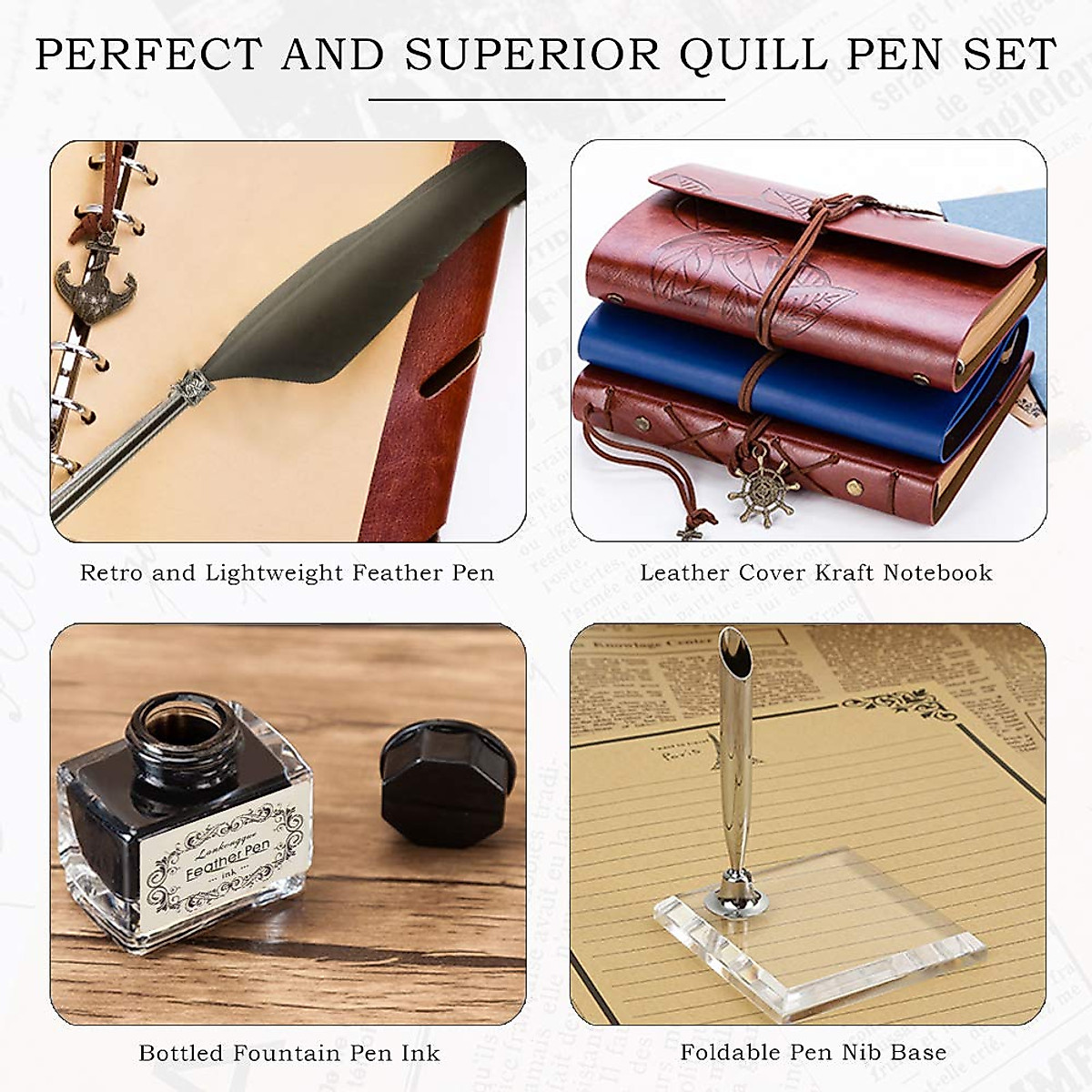 Quill Pen and Ink Set, Antique Feather Dip Calligraphy Pen Set, including Feather Pen, 5 Replacement Nibs, Pen Nib Base, Notebook, Ink, Gift Box, Best Gifts for Men Dad (Grey)