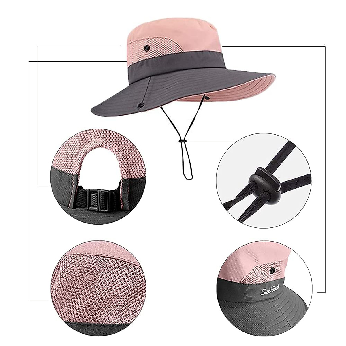 Womens Summer Sun-Hat Outdoor UV Protection Fishing Hat Wide Brim Foldable-Beach-Bucket-Hat with Ponytail-Hole Pink