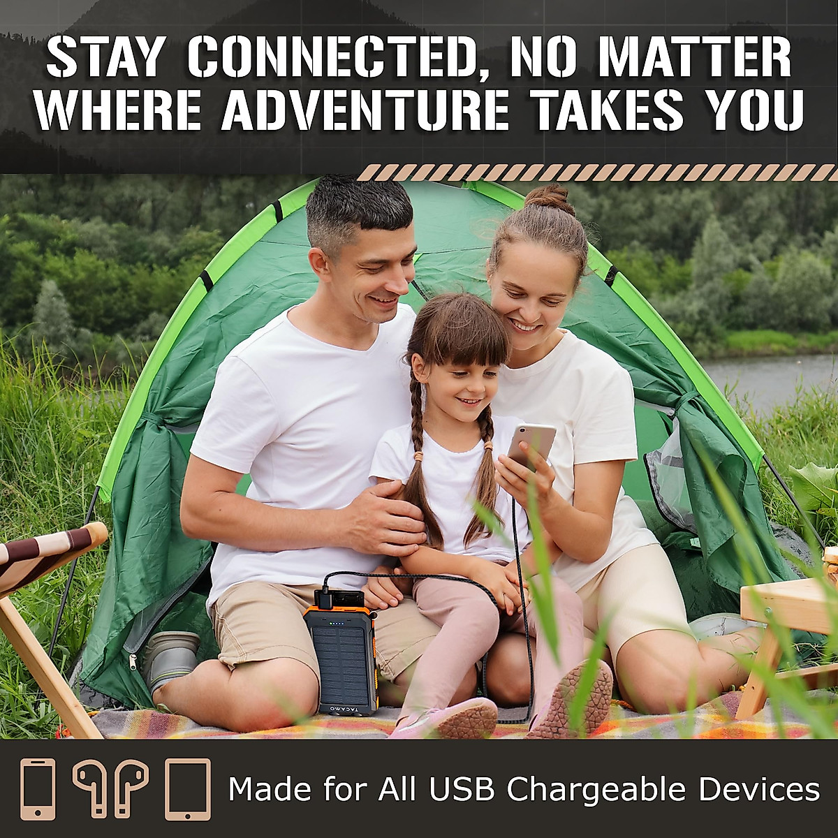 TACAMO® Solar Power Bank Portable Charger - IP67 Waterproof and Dustproof - TSA Compliant - for Backpacking and Camping - Dual USB Port, Fast Charging Battery Pack with 3-Mode Emergency Flashlight