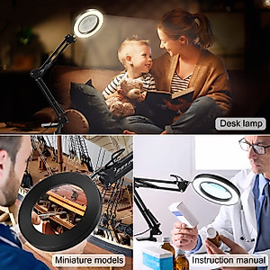 Krstlv 8X Magnifying Glass with Light, Real Glass Lens Desk Lamp & Clamp, 3 Color Modes Stepless Dimmable, Hands Free LED Lighted Magnifier with Light and Stand for Reading Crafts Repair Close Works