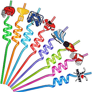 24 Pcs Ice Hockey Straws Twisty Curly Party Drinking Straws Colorful Ice Hockey Sports Party Favors Reusable Crazy Straws for Kids Adults Game Supplies Decorations with 2 Pcs Cleaning Brushes