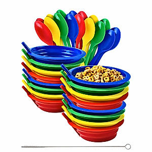 Sippy Bowl With Straw for Kids and Matching Spoons | 22 Ounce Plastic Cereal Bowls With Straws BPA Free Assorted Color | Built-in Straw Bowl Blue Red Green Yellow Pack of 16