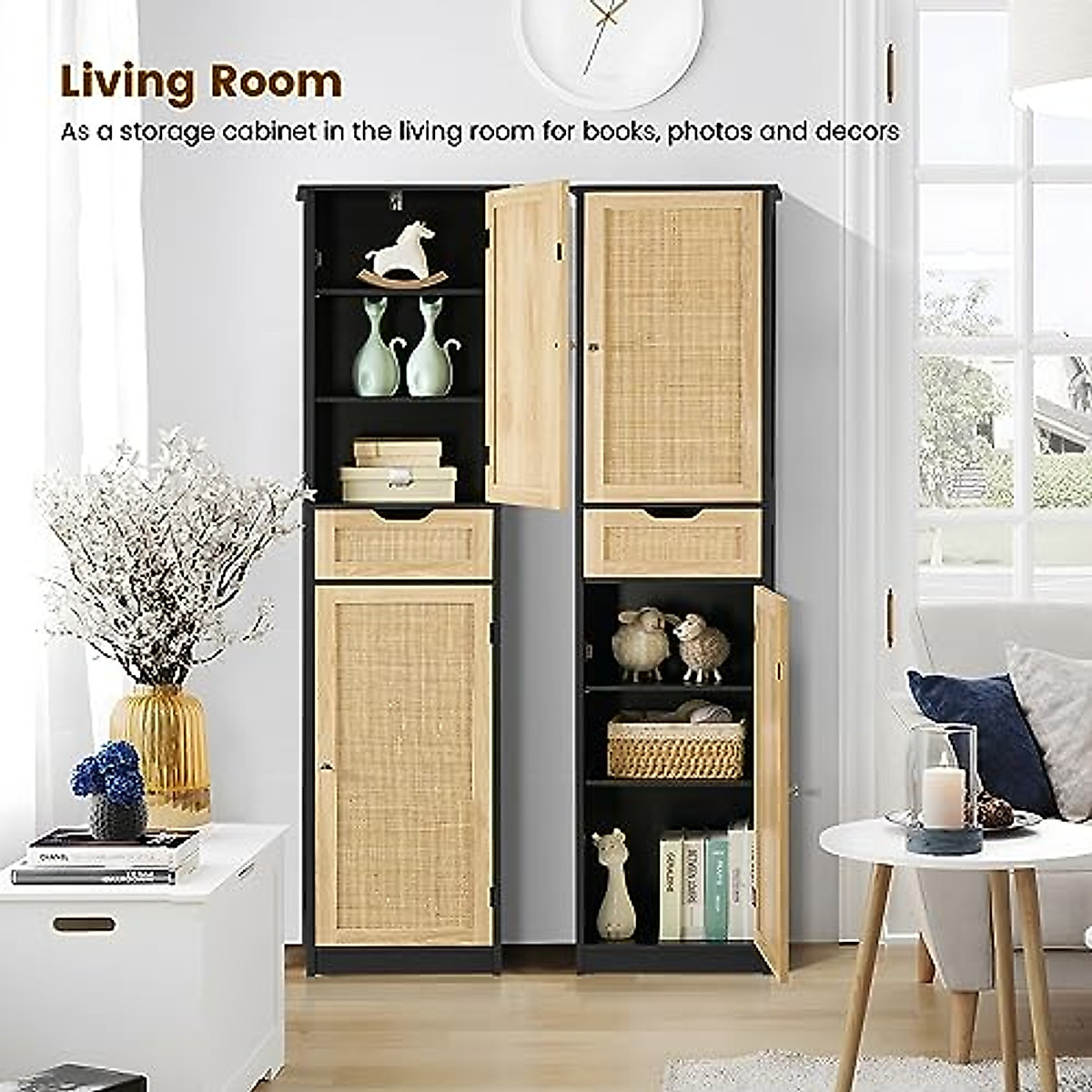 Iwell Tall Bathroom Cabinet with Doors, Rattan Storage Cabinet with Adjustable Shelves, Freestanding Narrow Linen Cabinet for Living Room, Entryway, Kitchen, Home Office, Black