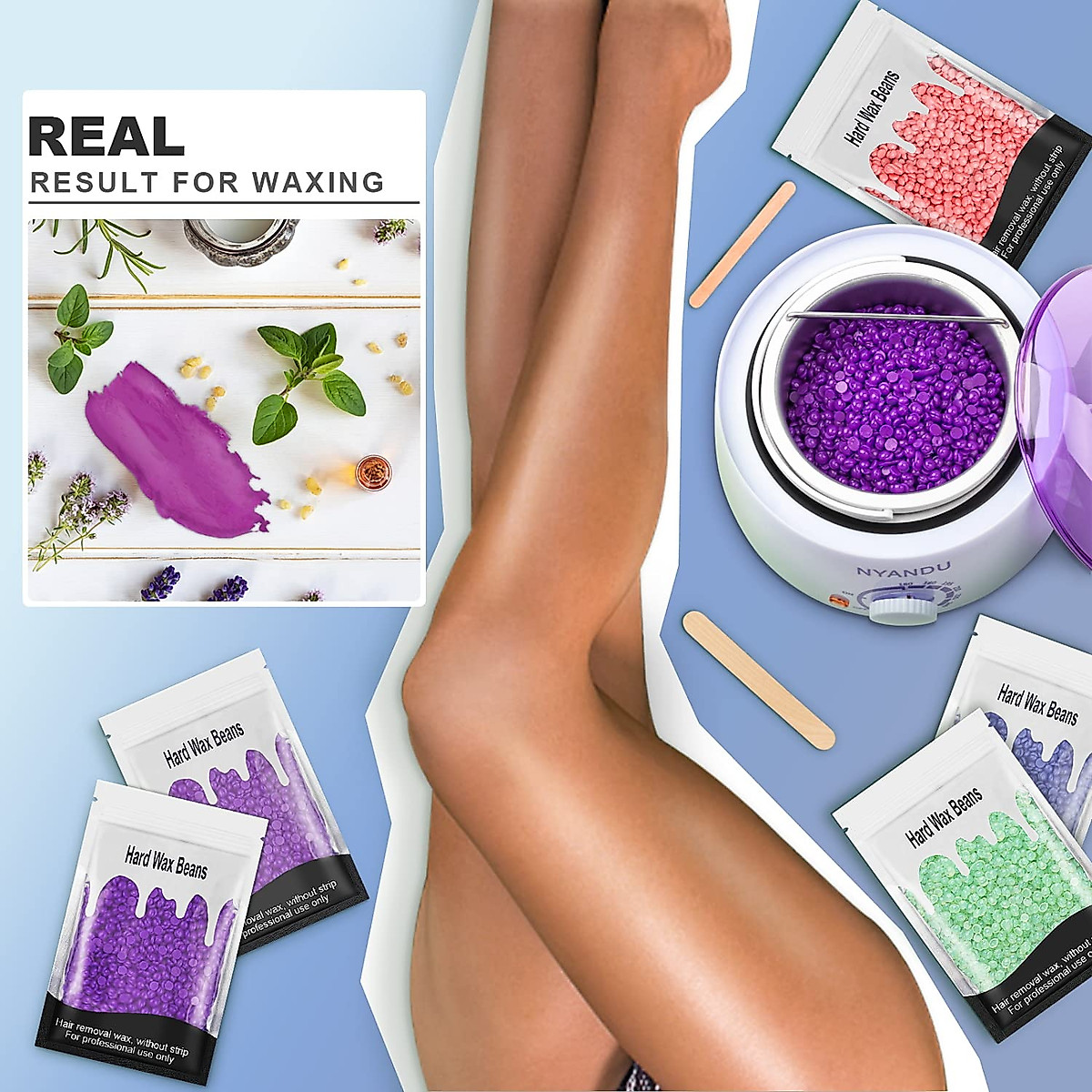 Waxing Kit for Women Men, NYANDU Wax Warmer for Hair Removal, 17.6 oz Wax Beads (5 Packs), Hard Wax Kit for Coarse Hair Facial Eyebrow Legs Armpit Bikini Brazilian, Professional Home Wax Machine