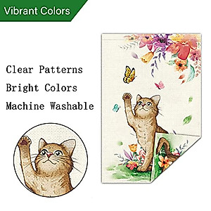 Spring Garden Flag Cat 12x18 Double Sided, Burlap Small Welcome Flower Flraol Garden Yard Flags Vertical Seasonal Outside Outdoor House Decoration (Only Flag)