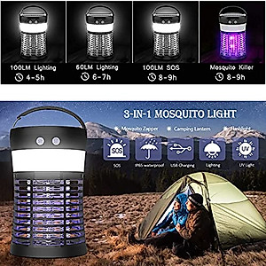 Bug Zapper, Portable LED Flashlight Bug Zapper Lamp, with Solar and USB Rechargeable Battery, SOS Emergency, with 3 Lighting Modes for Camping, Hiking, Backyard , Patio , Office and Traveling