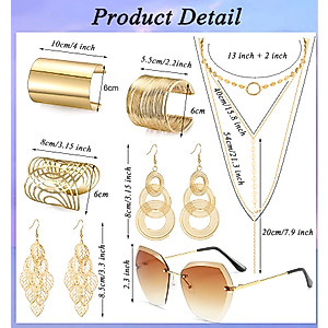 FIRAZIO 7 Pieces 70s Disco Accessories Costume Jewelry Set For Women Rimless Diamond Cutting Sunglasses Gold Cuff Bangle Bracelet Layered Choker Necklace Disco Earrings