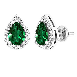 Dazzlingrock Collection 7X5 MM Each Pear Lab Created Emerald & Round Natural White Diamond Halo Style Ladies Teardrop Stud Earrings, 14K White Gold