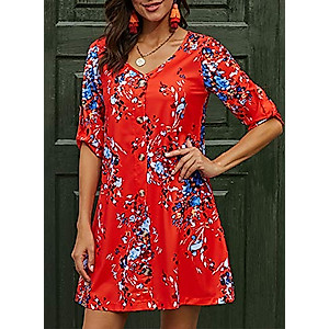 AlvaQ Women Boho Floral Print Dress Summer V Neck Short Sleeve Button Down Loose Skater Mini Dresses Swing Sundress Plus Size Orange 1X