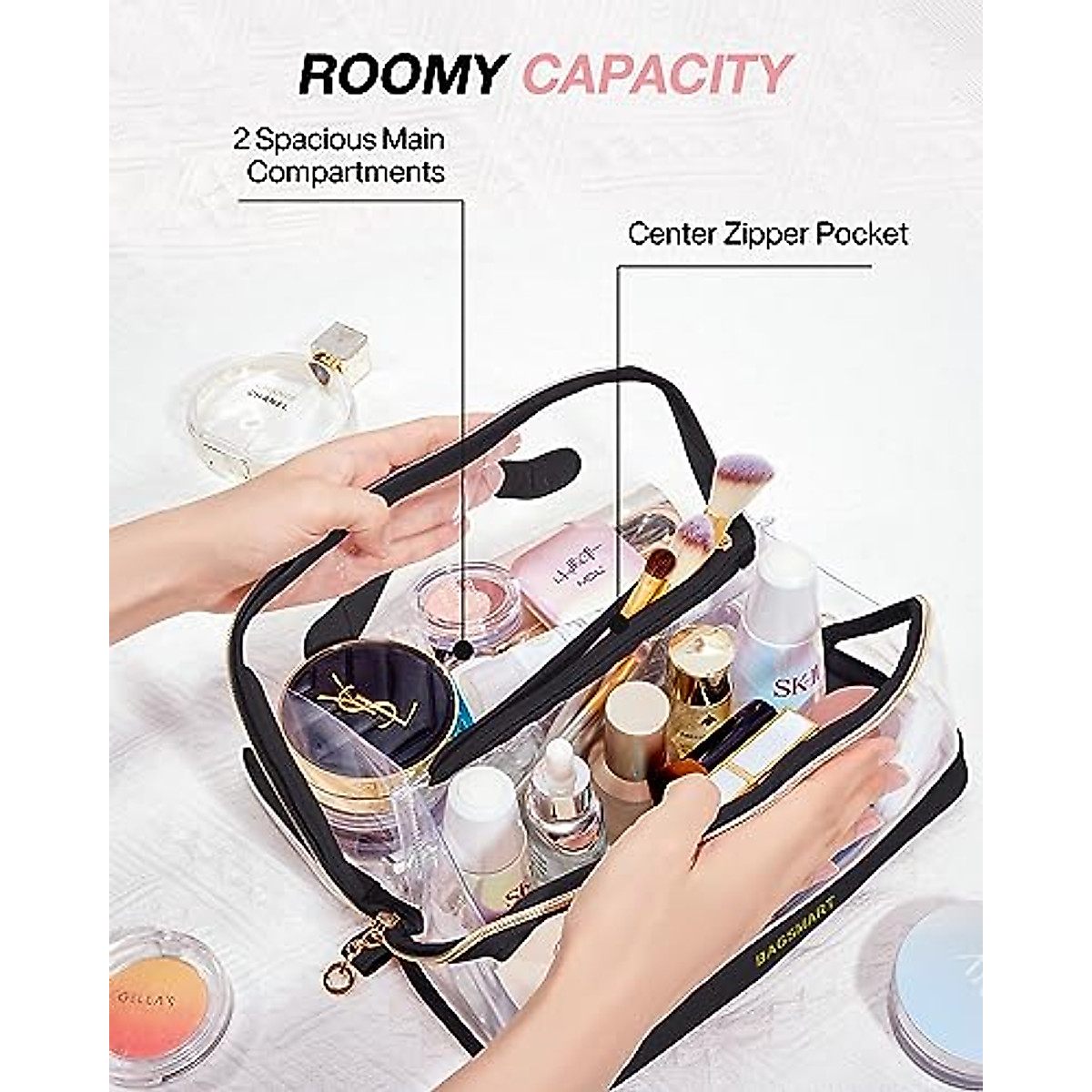 BAGSMART Makeup Bag Cosmetic Bag, Clear Travel Makeup Bag,Water-resistent Makeup Bags for Women Doram Room Essentials Portable Pouch Open Flat Make Up Organizer Bag for Toiletries, Brushes Black