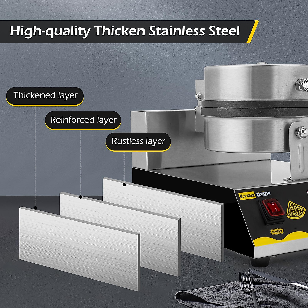 Dyna-Living Commercial Waffle Maker 110V 1200W Intelligent Commercial Waffle Maker Restaurant Non-stick Round Waffle Maker Stainless Steel Waffle Iron Machine Professional Waffle Maker for Home