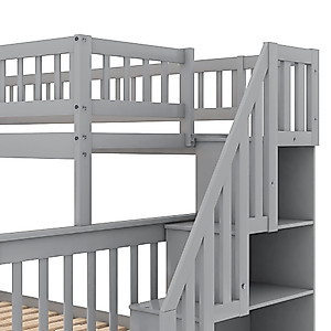 Polibi Twin Over Full Stairway Bunk Bed, Solid Wood Bunk Bed with Storage Shelves， No Spring Box Needed, Grey