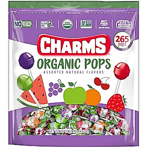 Charms Organic Pops (265 Count) – USDA Organic Fruit Candy Lollipops Made with All Natural Flavors and Ingredients – Dye-Free, Gluten- Free, Non-GMO, 3 lb Resealable Bag