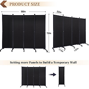 Room Divider Folding Privacy Screens with Wheels, 6FT Tall Divider for Room Separation, Movable Room Partitons and Dividers, Indoor Room Dividers Panel with Fabric for Office (Black, 4 Panel-88‘’)