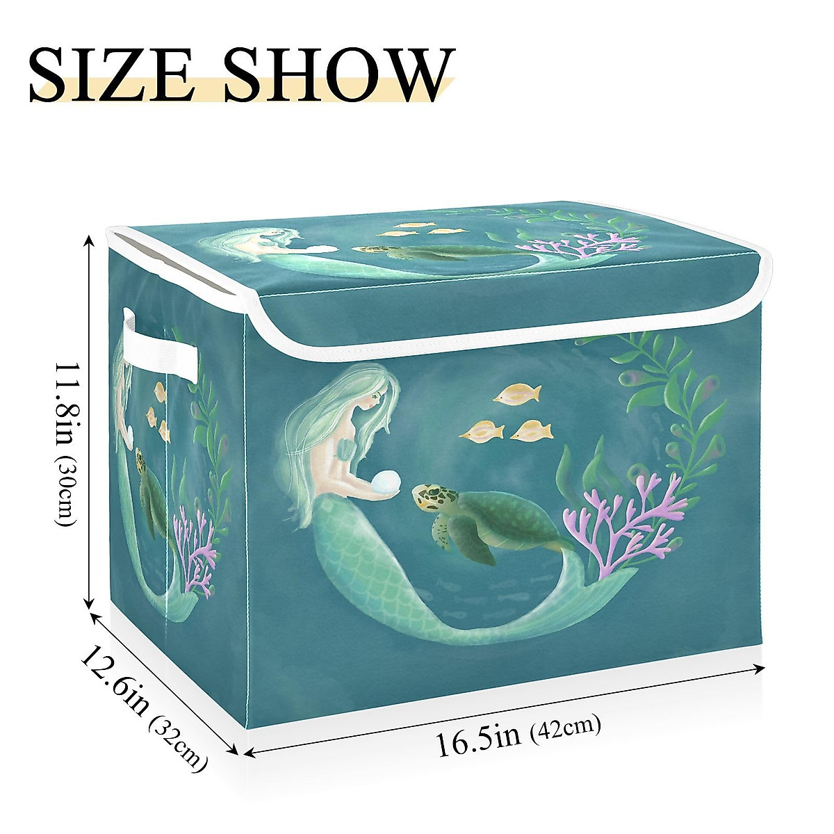 DIGTIA Summer Mermaid Turtle Storage Bins with Lids Large Pearl Sea Ocean Green Storage Basket with Handles Foldable Fabric Storage Box Organizer for Clothes Toys Closet Cabinet Home Office Bedroom