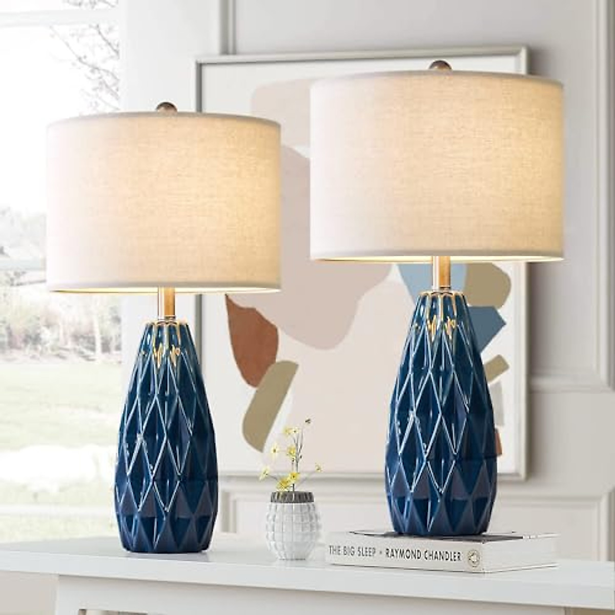 G-SAFAVA Modern Ceramic Table lamp Set of 2, Blue Embossed Geometric Pattern Bedside lamp Tall Nightstand Lamp End Table Lamps for Living Room Bedroom