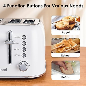 Toaster 4 Slice, Roter Mond Retro Stainless Steel Toaster with Extra Wide Slots Bagel, Defrost, Reheat Function, Dual Independent Control Panel, Removable Crumb Tray, 6 Browning Levels, White