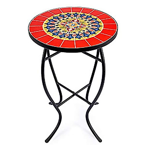 VONLUCE 21 Inch Mosaic Plant Stand, 14 Inch Round Side Table with Ceramic Tile Top, Indoor and Outdoor Accent Table, Outdoor Patio Furniture, End Table for Garden Patio Living Room More, Red