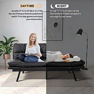 MUUEGM Futon Sofa Bed, 71" Convertible Faux Leather Futon Couch Bed, Modern Sleeper Sofa for Living Room,Small Space,Office,Adjustable Backrests Armrests Couch, Matte Black