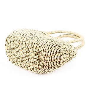Women Summer Beach Straw Tote Bag Handmade Weave Handbag with Top Handle Removable Strap (Beige)