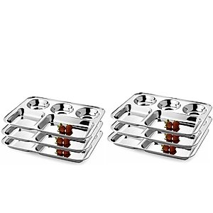 WhopperIndia Stainless Steel Five Compartment Round Plate, Thali, Mess Tray, Dinner Plate Set of 6 pcs- 13 inch, Silver