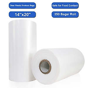 LabelMore 14'' x 20'' Plastic Produce Bags on a Roll, Clear, Food Storage Bags for Bread, Vegetable, Fruits and Meat, 350 Bags/Roll, 1 Roll