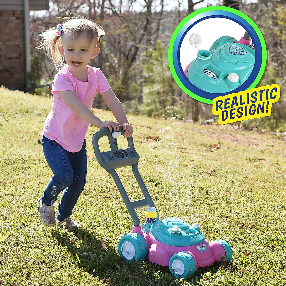 Sunny Days Entertainment Bubble-N-Go Toy Lawn Mower with Refill Solution | Pink Bubble Blowing Toy - Maxx Bubbles