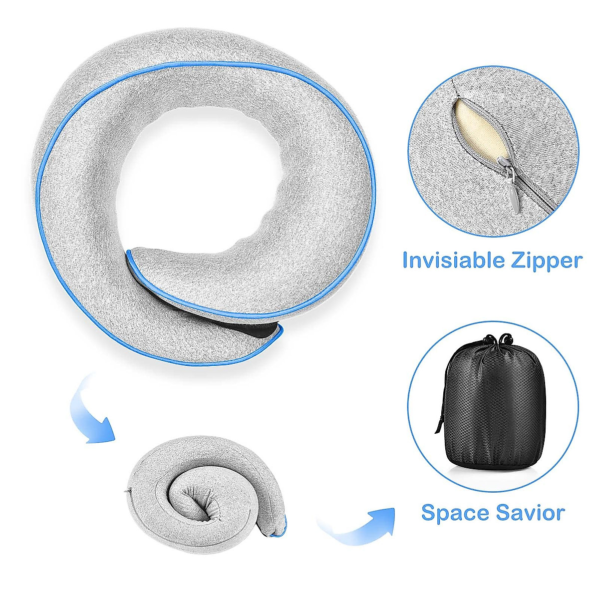 Cozary Travel Neck Pillow Portable Soft Memory Foam Neck Support Travel Pillow U Shape Supportive Adjustable Neck Pillows with Skin Friendly Breathable Cover for Travel Office Car Bus Plane Grey