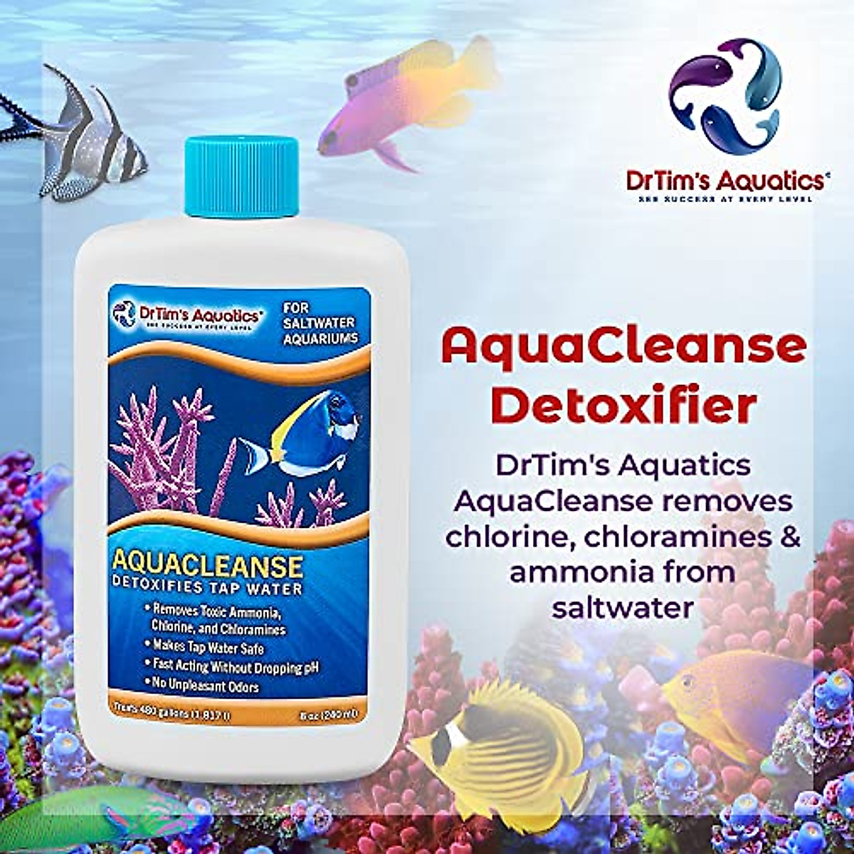 Dr. Tim’s Aquatics Saltwater AquaCleanse Tap Water Detoxifier – For Fish Tanks, Aquariums – Eliminates Toxic Chemicals, Odors – Reduces Ammonia, Chlorine, Chloramines – H20 Pure – 8 Oz.