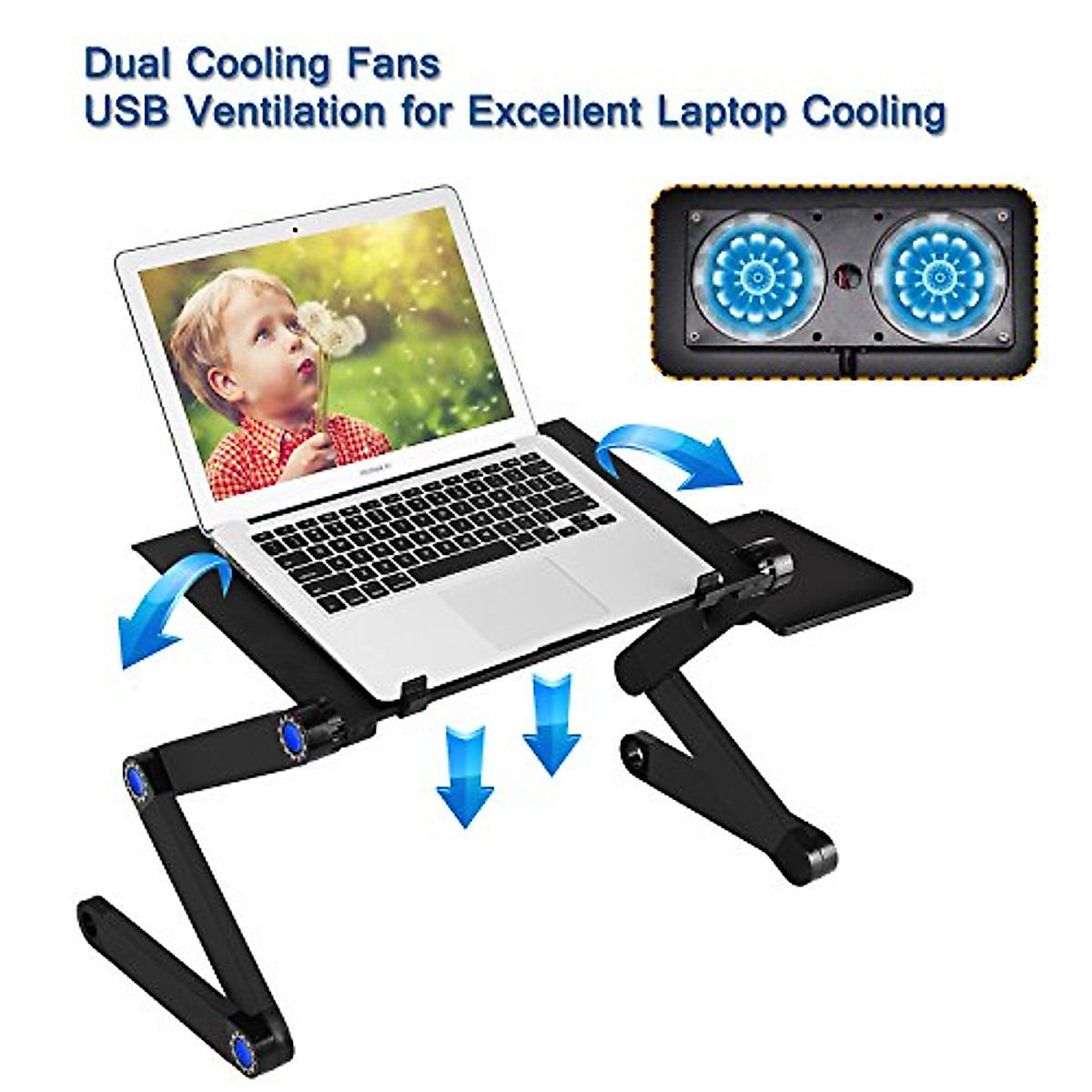 Laptop Table, Adjustable Laptop Bed Table, Laptop Computer Stand, Portable Laptop Workstation Notebook Stand Reading Holder with 2 CPU Cooling Fans and Mouse Pad in Bed Couch Sofa Office (New-version)