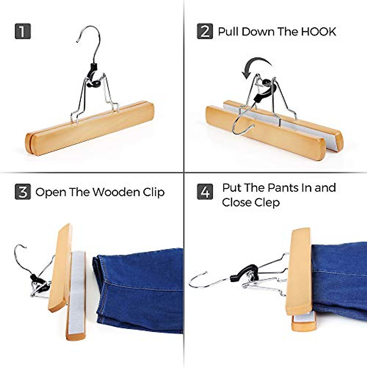 SONGMICS 12 Pack Wooden Pants Hangers, Premium Solid Wood with Non-Slip Felt, Hold Pants Tightly, Smooth Finish Wood Skirt Hangers, with 360° Swivel Hook, Natural UCRW007-12