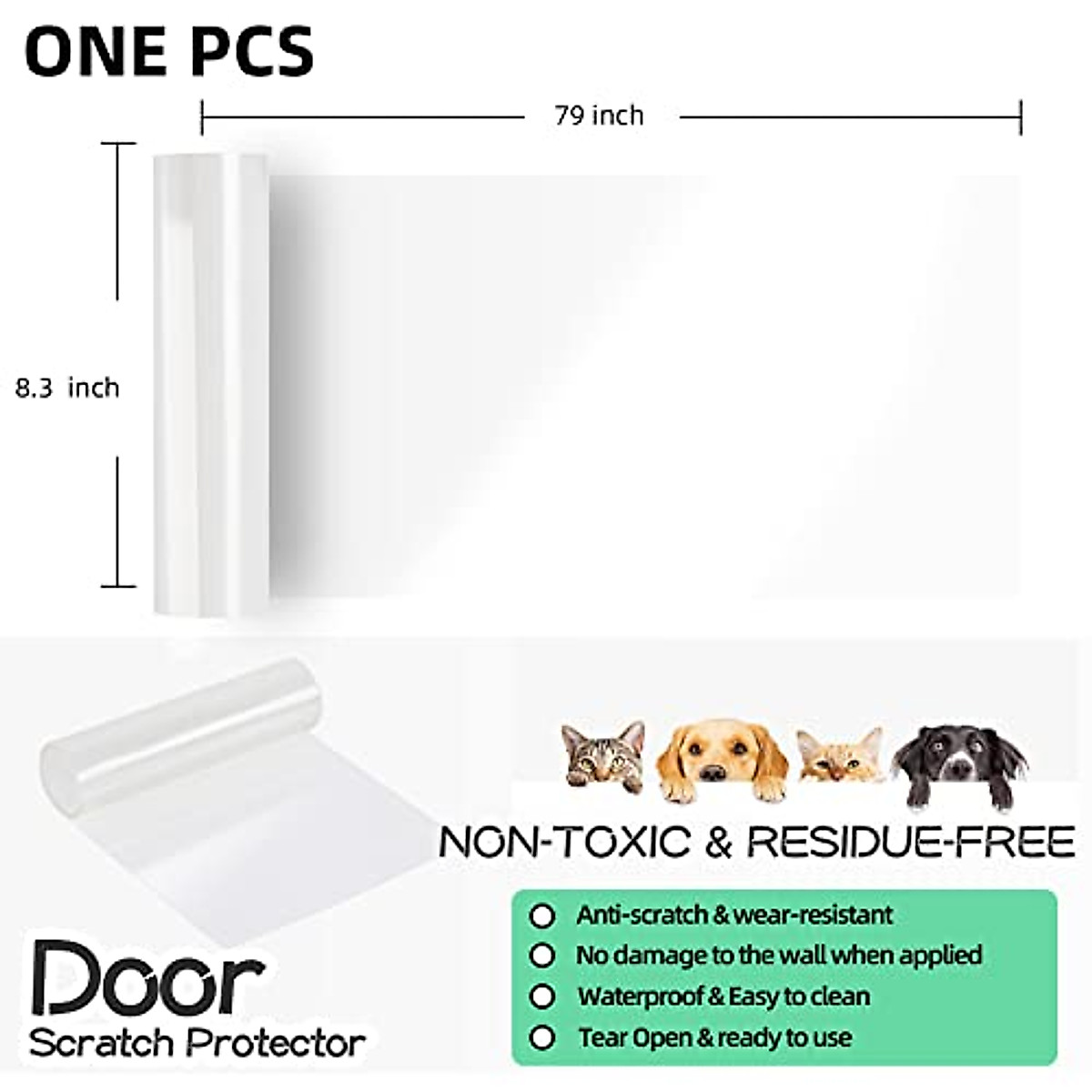 KDAOQN Door Protector from Dog Scratching, Transparent Vinyl Stickers Dog Scratch Door Protector, Custom-fit Furniture & Door Scratch-Guard Wrap, Dog Scratch Furniture Protector (79x8.3In)