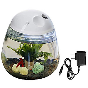 Saim Plastic Small Fish Tank with Lid Desktop Round Fish Bowl and LED Lighting for Betta Fish Home Office Decoration (with Charger Pattern)