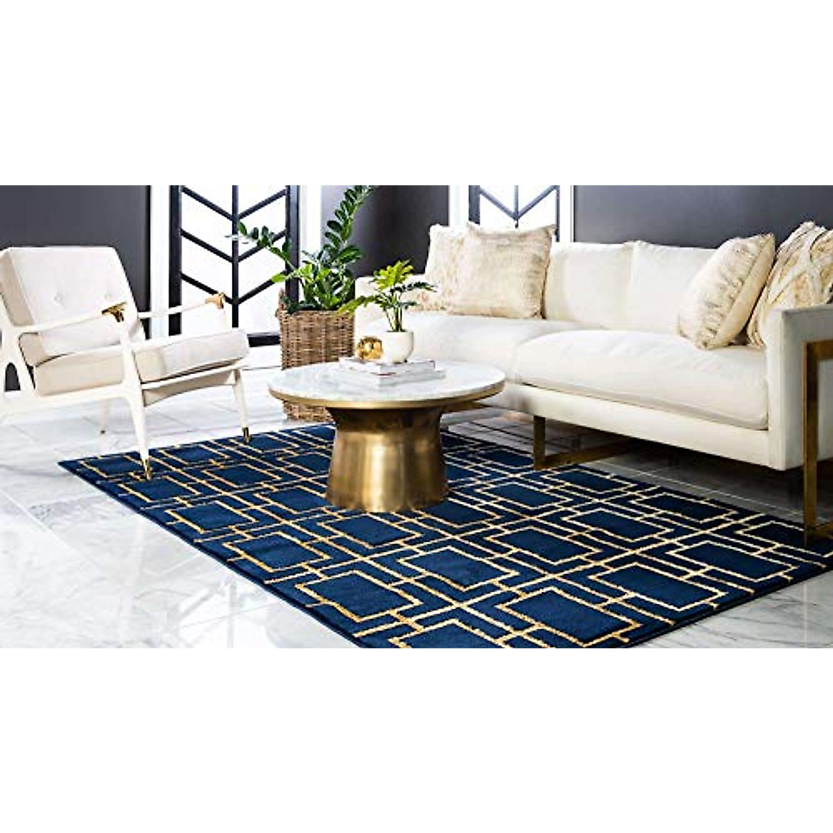 Unique Loom Glam Collection Geometric, Squares, Metallics, Modern, Chic Area Rug, 8 ft x 10 ft, Navy Blue/Gold