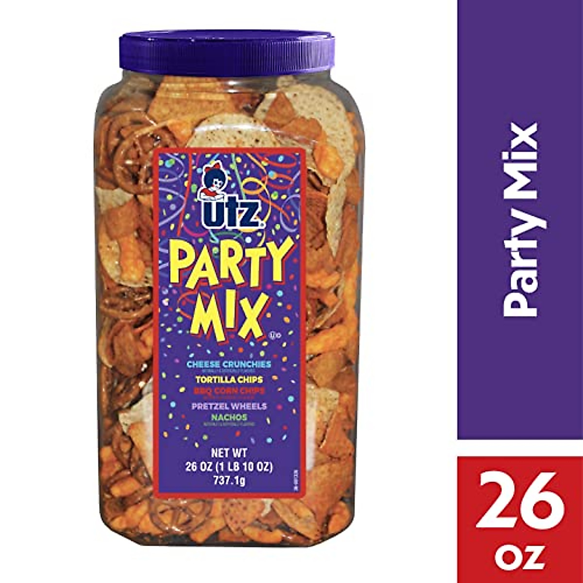 Utz Party Mix - 26 Ounce Barrel - Tasty Snack Mix Includes Corn/Nacho Tortillas, Pretzels, BBQ Corn Chips and Cheese Curls, Easy and Quick Party Snacks, Cholesterol Free and Trans-Fat Free
