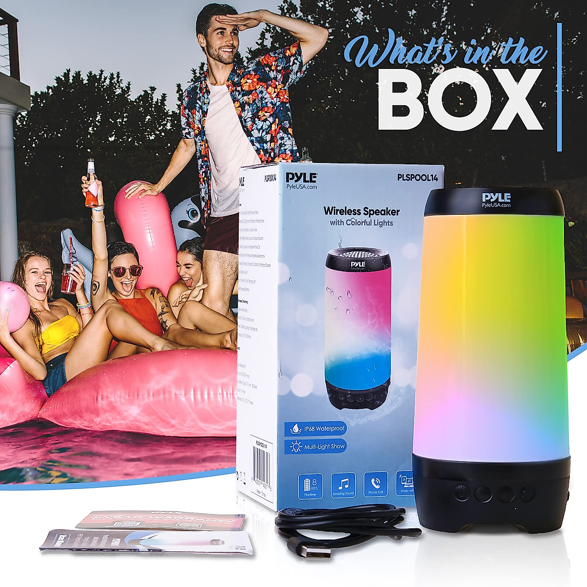 PyleUsa Floating Pool Speaker w/Lights Show, Waterproof Bluetooth Speaker, IP68, Crystal Clear Sound Quality, Surround Stereo Sound, Wireless 50 ft Range, for Shower, Hot Tub, Beach, Travel (Black)