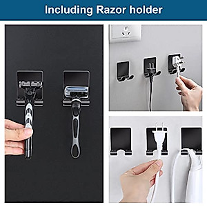 Diesisa Razor Holder 304 Stainless Steel for Shower + Adhesive Sticky Heavy Duty Waterproof Wall Hooks, Premium for Hanging Towels, Coat, hat (2+2 Pack) - Black