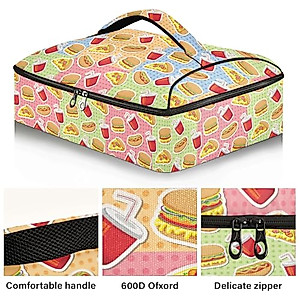 Kcldeci Insulated Thermal Food Carrier Insulated Casserole Carrier for Hot or Cold Food,Cartoon Pizza Burgers and Hot Dogs Insulated Tote Bag for Potluck Cookouts Parties Picnic,Lasagna Lugger