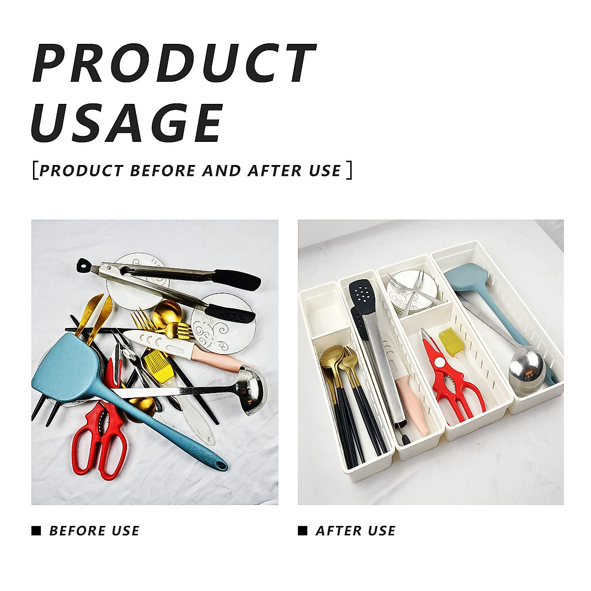 Sarajoye 4 - Piece Adjustable Flatware Cooking Utensil Organizer for Kitchen Drawers - Expandable 13 Slots Silverware Drawer Organizer Tray Holder for Organization Storage (2 Large + 2 Small, White)