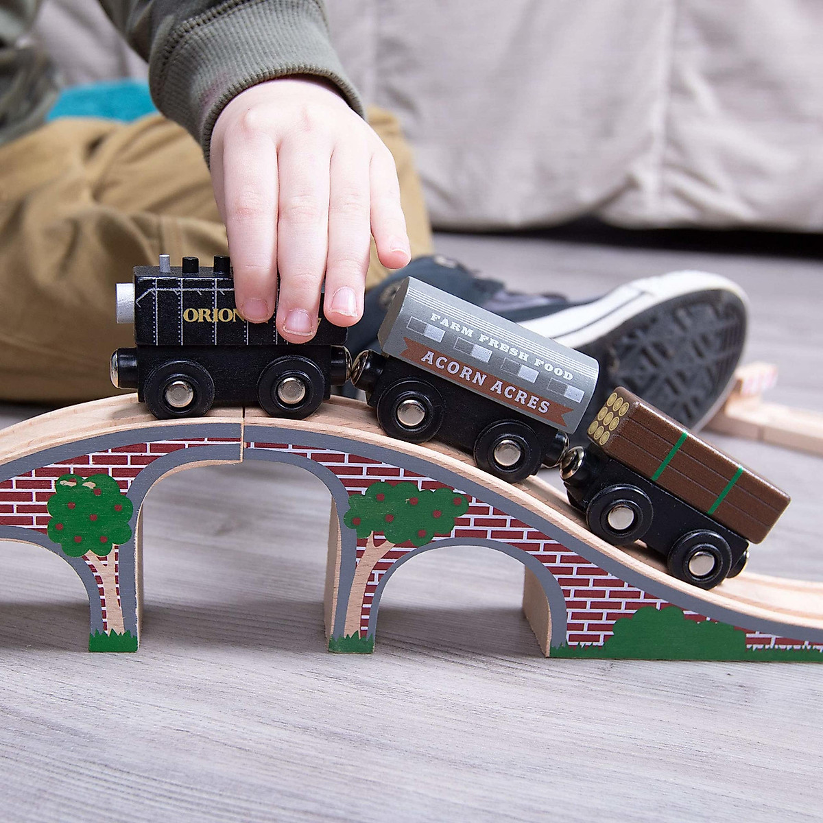 Playtime Express Train Set | 12-Piece Wooden Train Box | Includes Unique Custom Designs and Classics: Recycling Transport, Timber Train, Wheat Car, Coal Train, Oil Tanker, and More