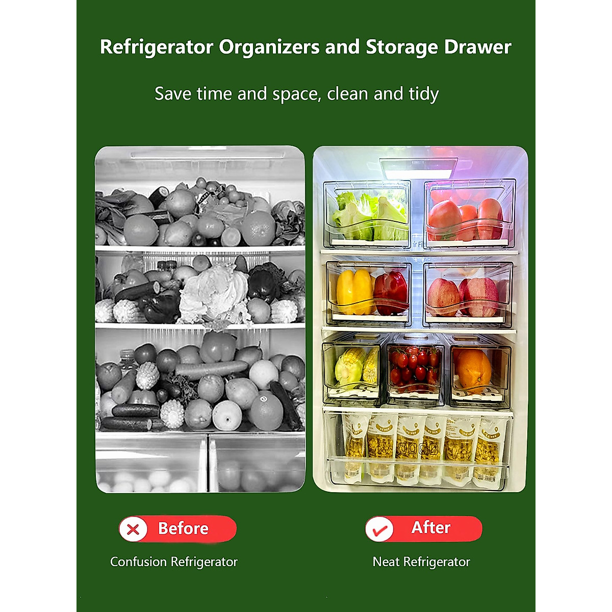Femoliyes Refrigerator Organizers and Storage Drawer, Stackable Fruit Storage Containers for Fridge, Reusable Fridge Organizer fit for Kitchen Refrigerator and Restaurant Freezer (2 Drawers, Large)
