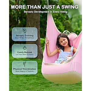 CO-Z Upgraded Kids Pod Swing, Hanging Pod Swing Chair with Inflatable Cushion, Child Hanging Hammock Swing for Indoor and Outdoor, Sensory Pod Swing for Kids (Two Straps, Pink)