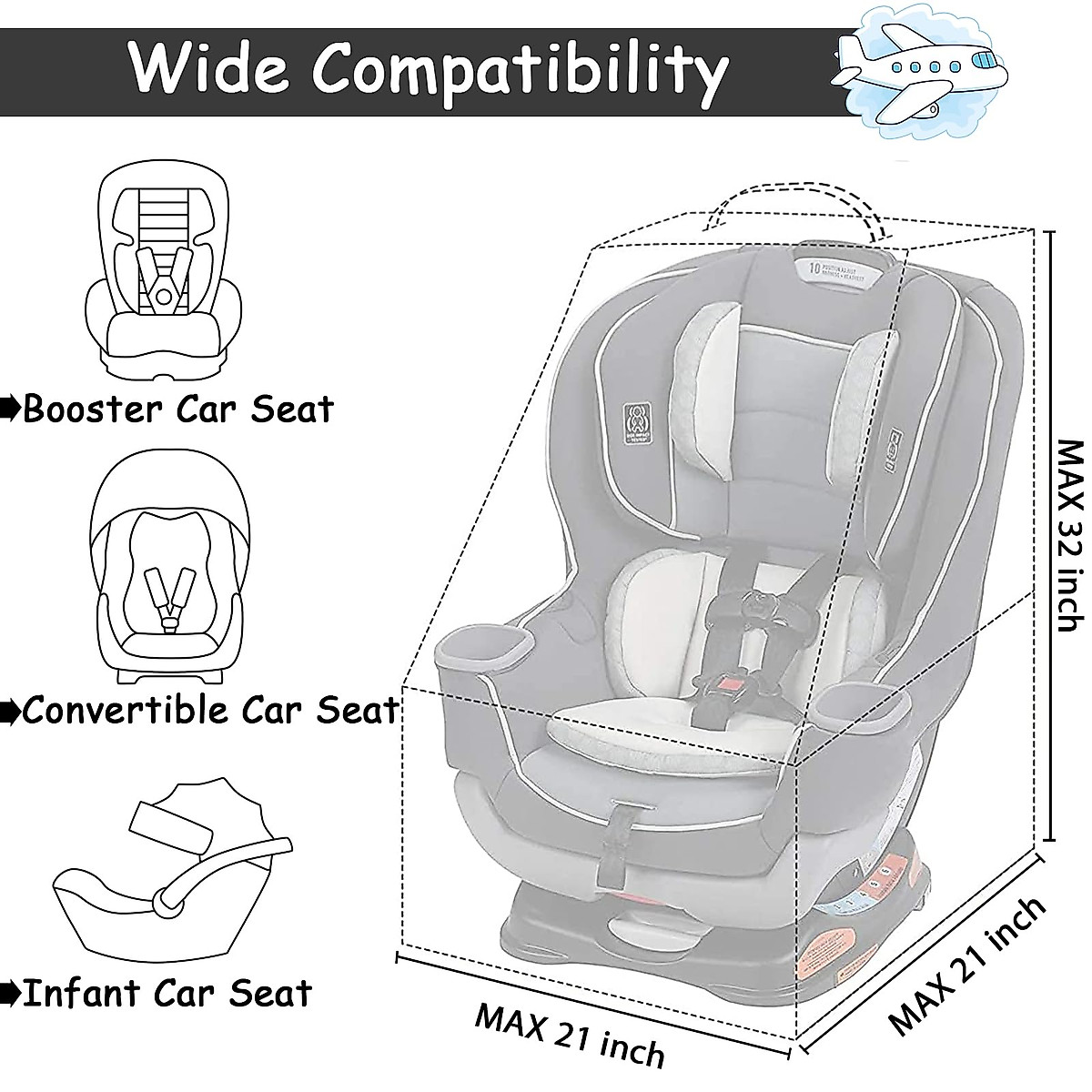 YOREPEK Universal Car Seat Travel Bag Compatible with Chicco,Evenflo,Britax Carseat,Car Seat Bag for Airplane Travel with Shoulder Straps,Airport Car Seat Bag for Kids Airplane Travel(21"x21"x32")