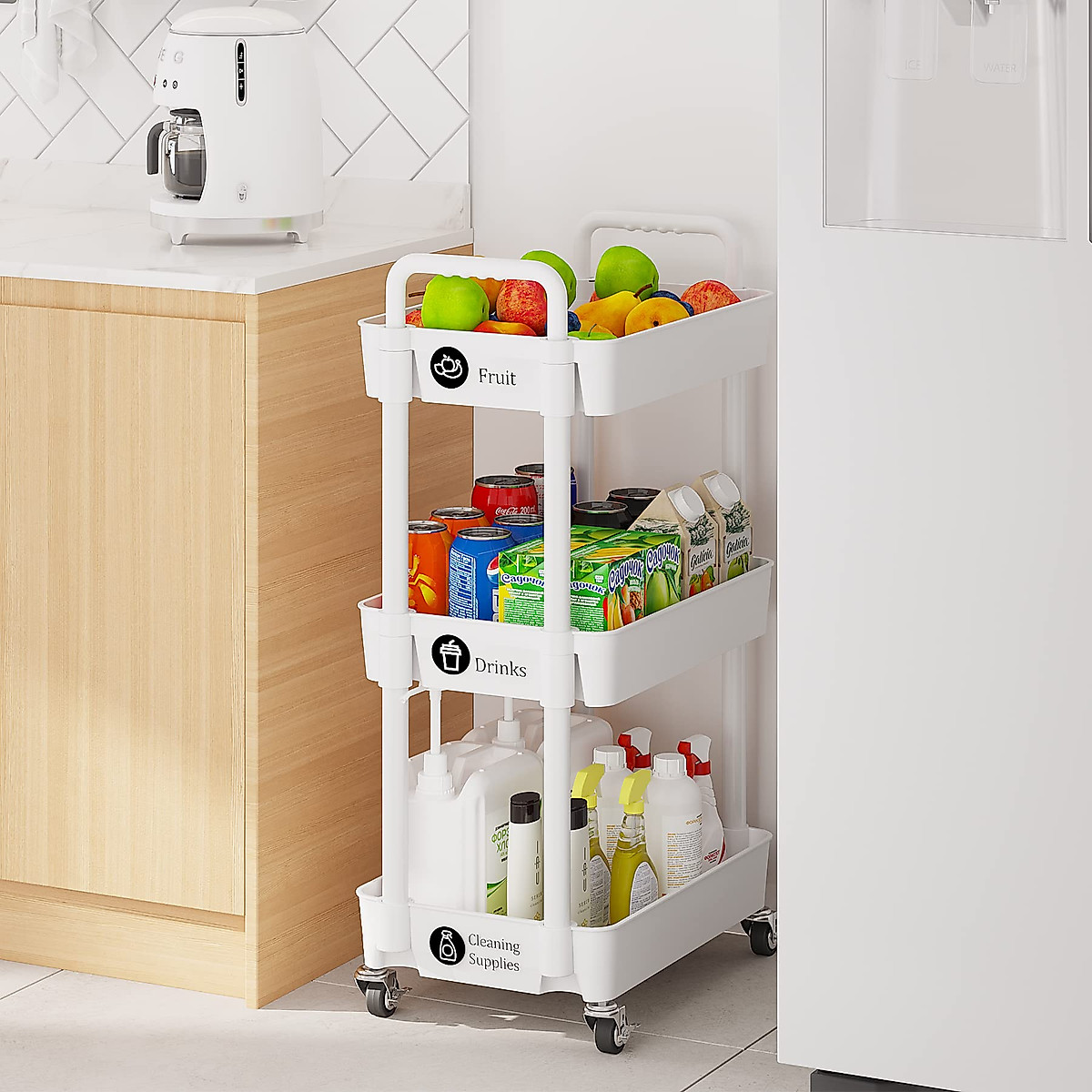 Laiensia 3-Tier Storage Cart,Multifunction Kitchen Storage Organizer,Mobile Shelving Unit Utility Rolling Cart with Lockable Wheels for Bathroom,Laundry,Living Room,With Classified Stickers,White